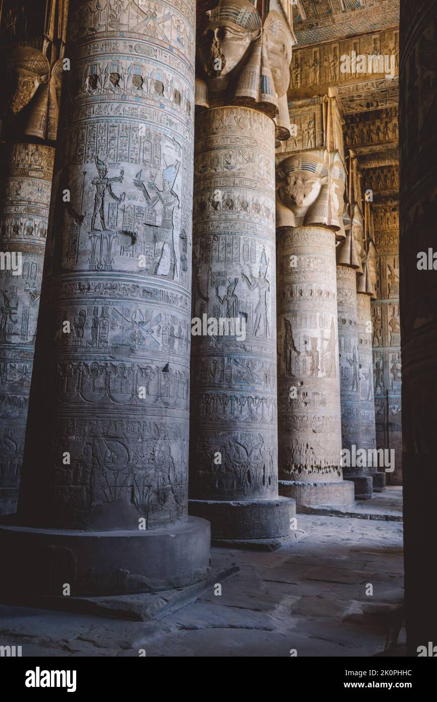 View to an Ancient Egyptian Painted Pillars of the Dendera Temple ...