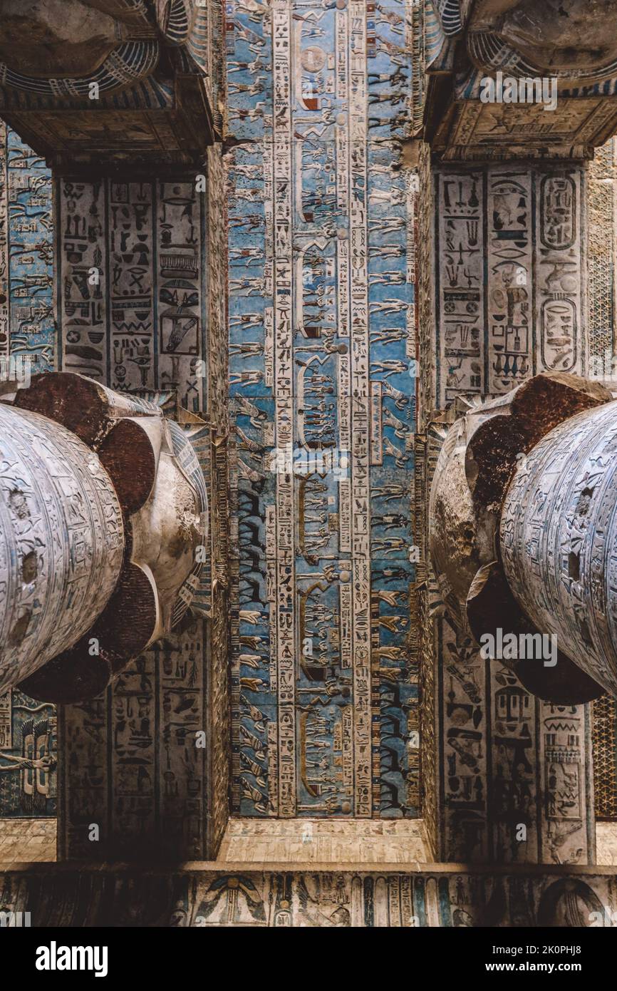 View to an Ancient Egyptian Painted Pillars of the Dendera Temple ...