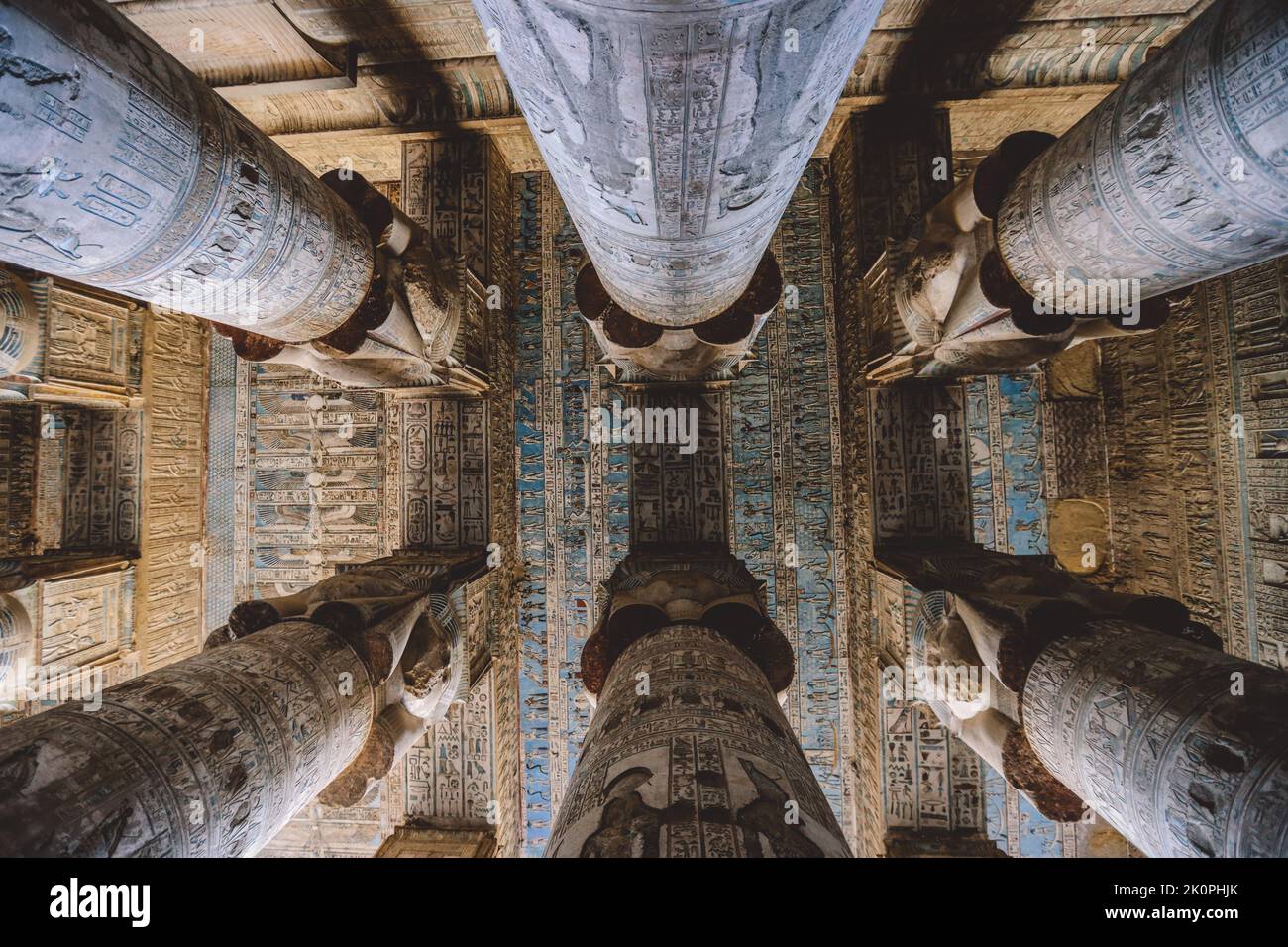 View to an Ancient Egyptian Painted Pillars of the Dendera Temple ...