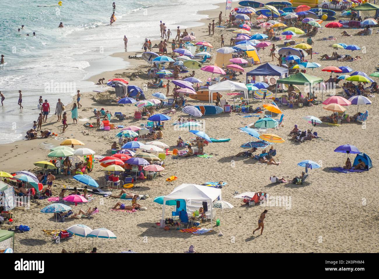 Crowded beach with parasols busy beach, Fuengirola, Los Boliches ...