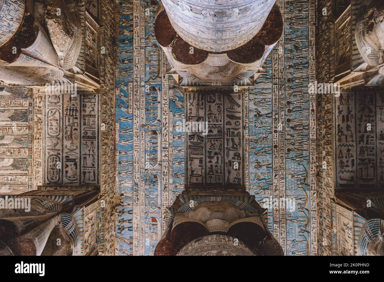View to an Ancient Egyptian Painted Pillars of the Dendera Temple ...