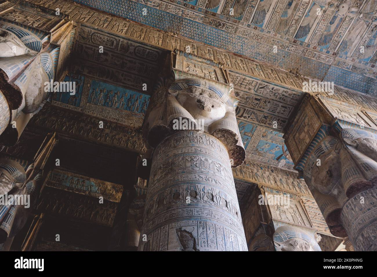 View to an Ancient Egyptian Painted Pillars of the Dendera Temple ...