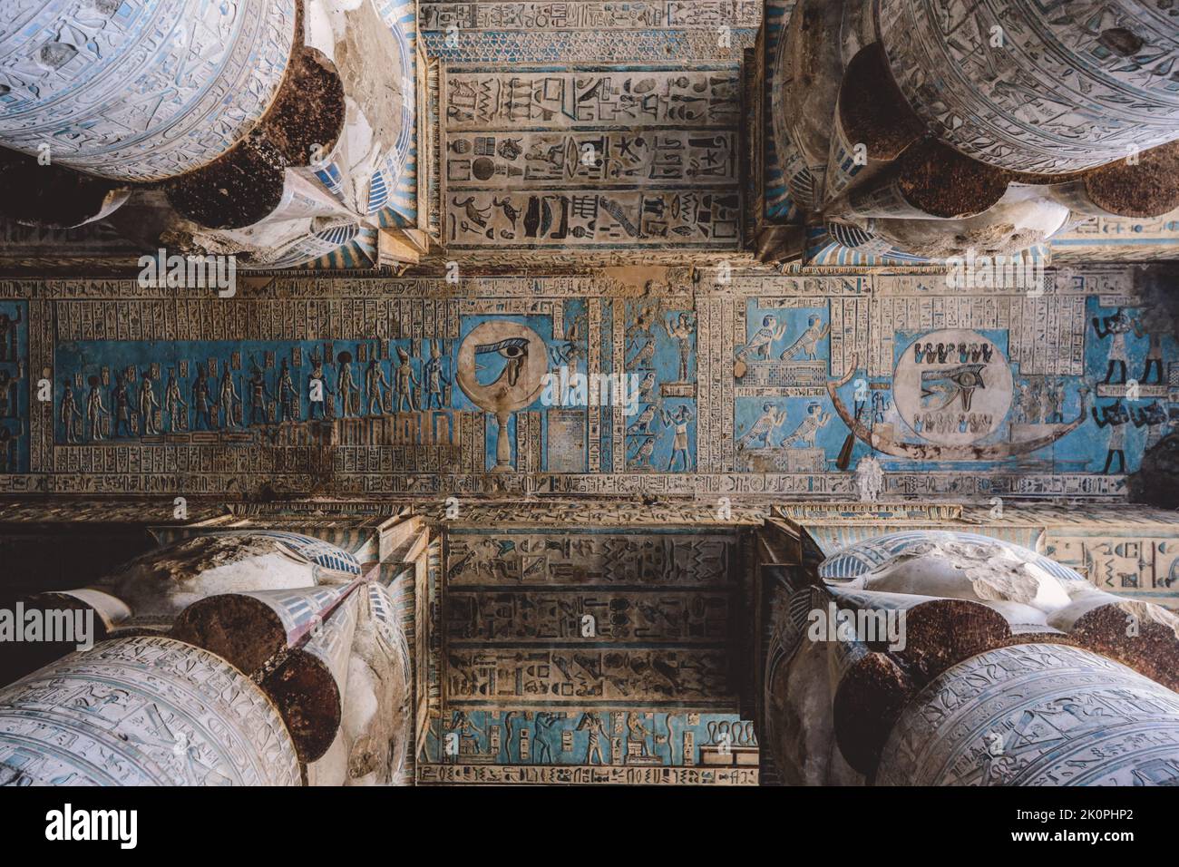 View to an Ancient Egyptian Painted Pillars of the Dendera Temple ...
