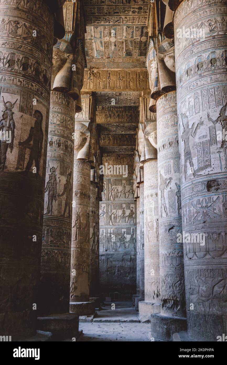View to an Ancient Egyptian Painted Pillars of the Dendera Temple ...