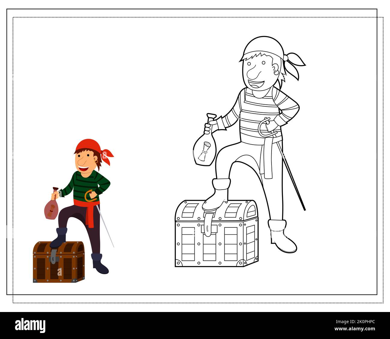 Coloring book for kids, cartoon pirate is standing on a chest. Vector ...