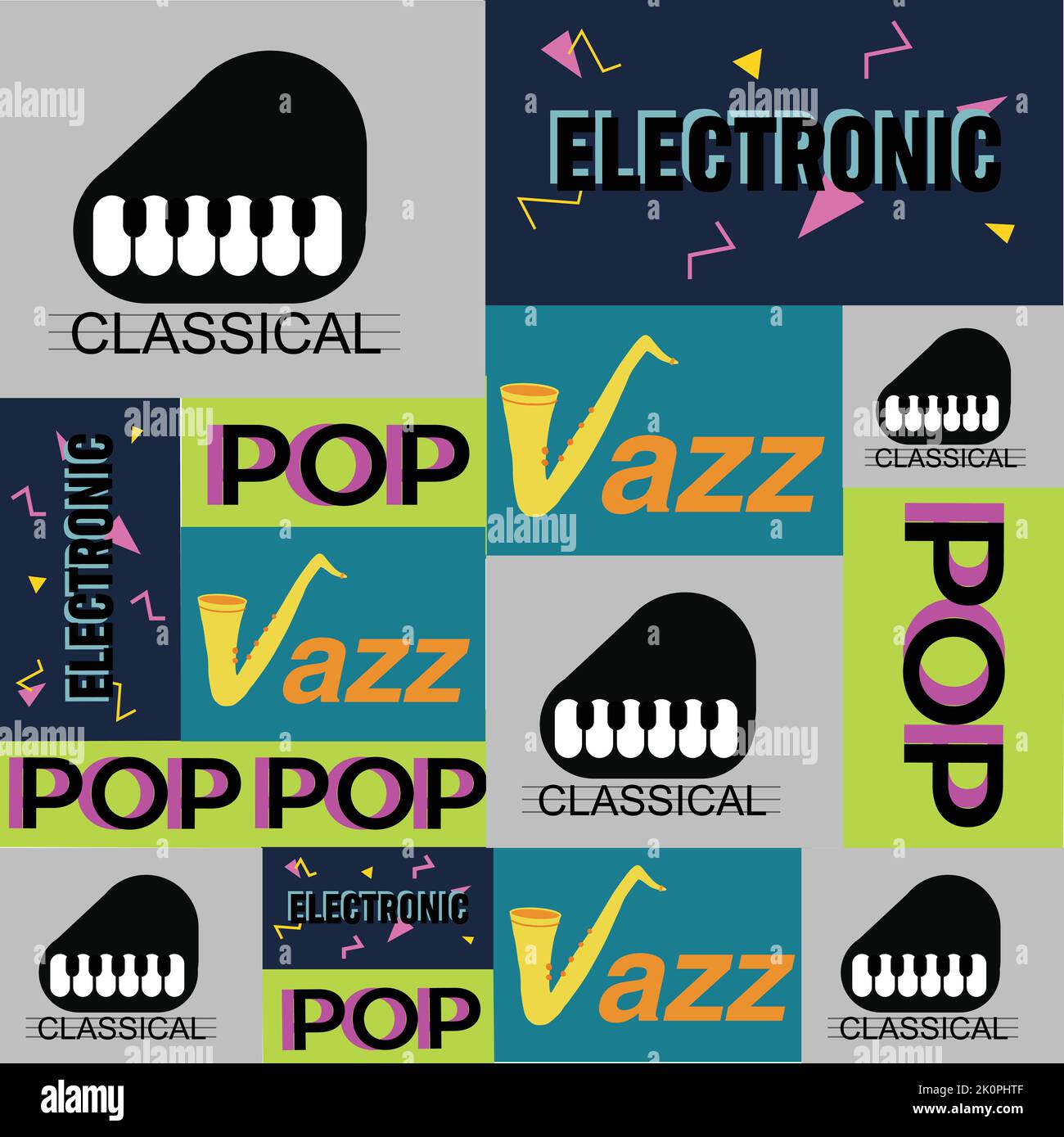 A musical genres typographic and instruments vector seamless pattern ...