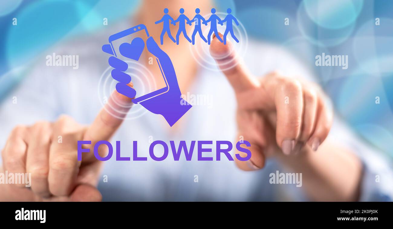 Woman touching a followers concept on a touch screen with her fingers ...