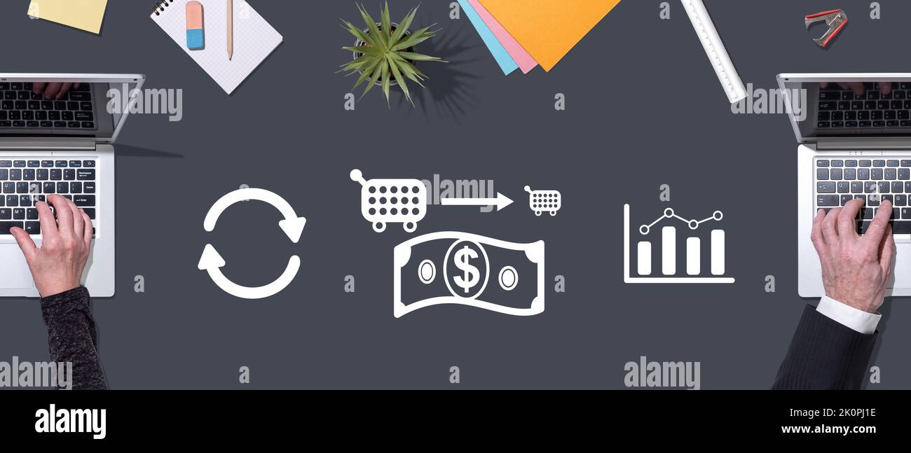 Top view of hands using laptop with symbol of inflation concept Stock ...