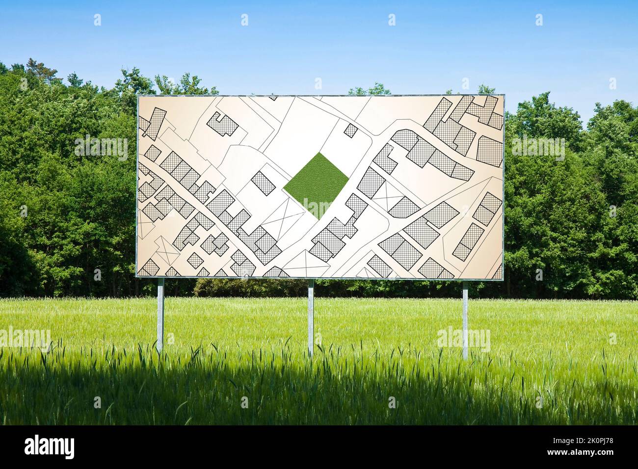 Advertising billboard immersed in a rural scene with a cadastral map on ...