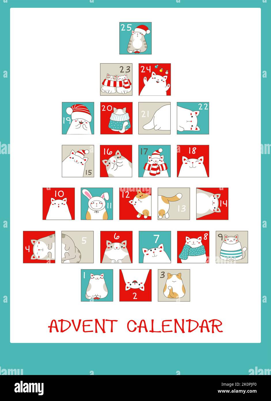 Vertical background with Christmas advent calendar with cute cartoon cats. Set of winter holiday ...