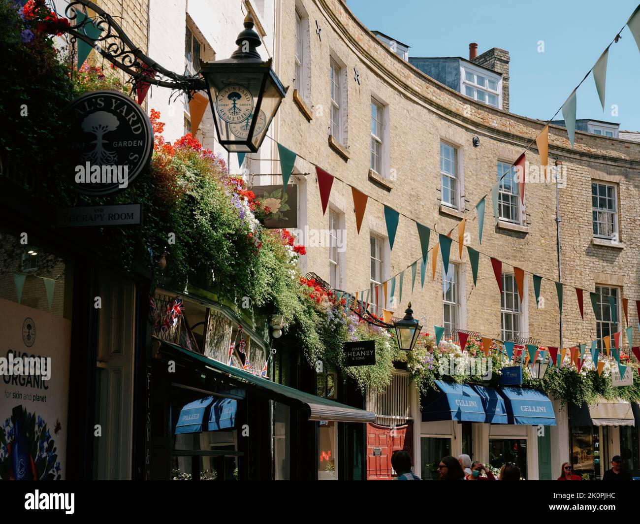Shoppers, tourists, bunting and architecture of shop buildings in Rose ...