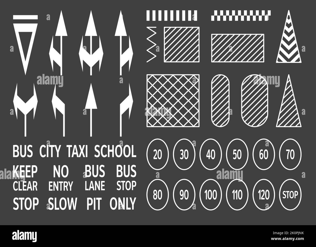 Asphalt signs. Road map toolkit top view, crosswalk traffic speedway ...