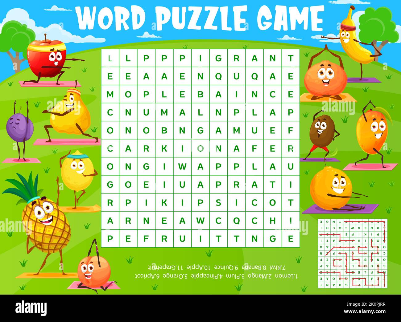 Cartoon ripe fruits characters on yoga fitness word search puzzle game ...