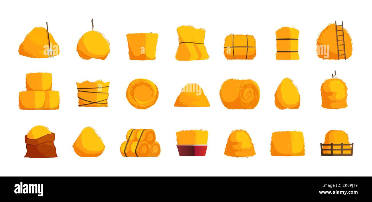 Cartoon hay bales. Rural straw stack rolls flat style, dried yellow ...