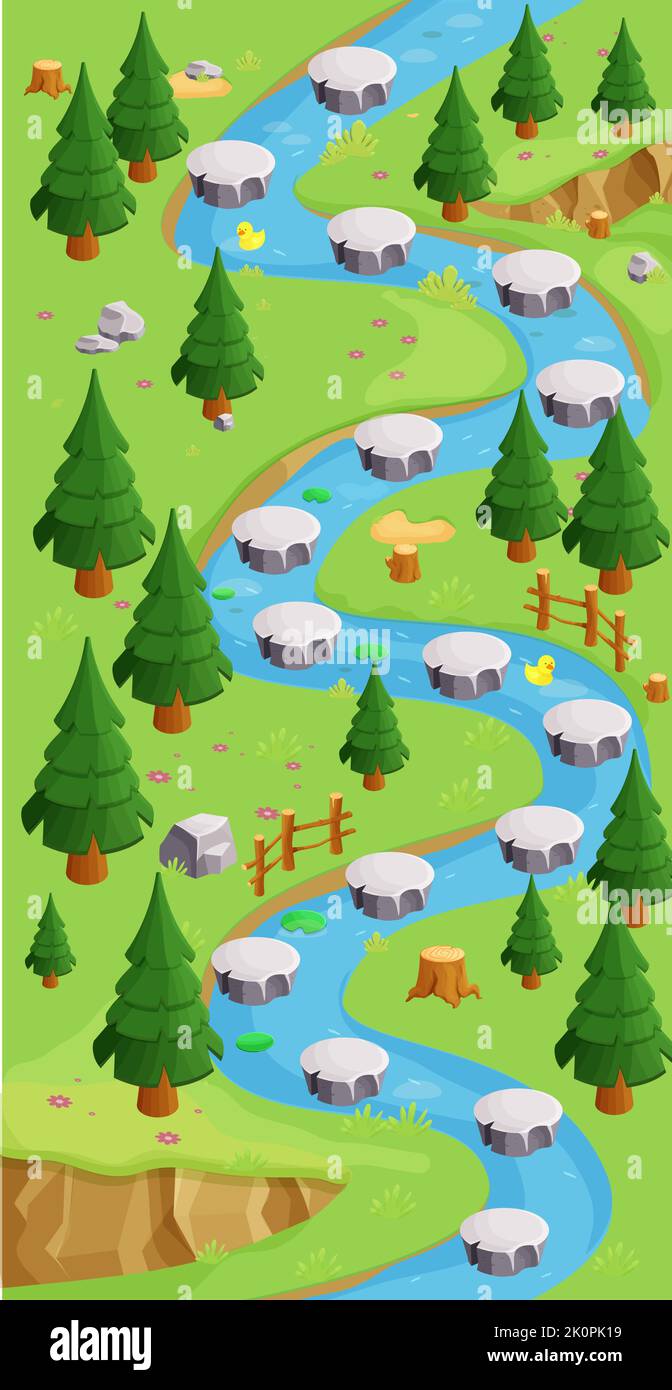 Game map forest river gui background, template in cartoon style, casual ...