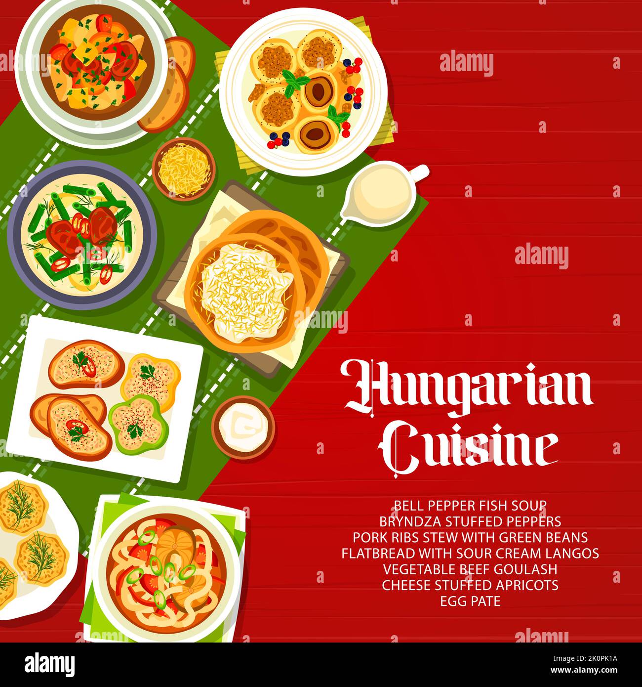 Hungarian cuisine meals menu cover. Vegetable beef goulash, cheese ...