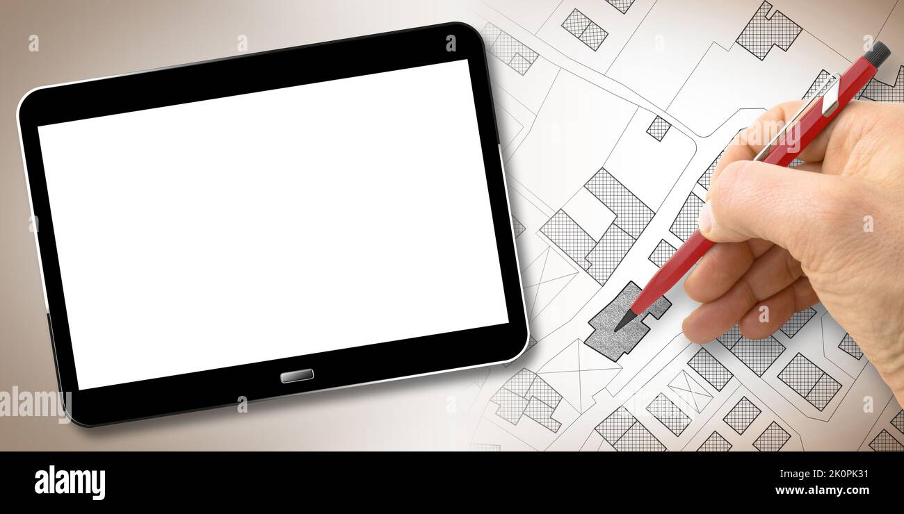 Hand drawing an imaginary cadastral map of territory with buildings ...