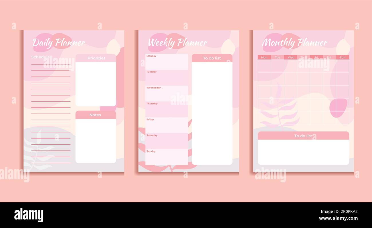 The pink colored planner templates for daily weekly and monthly ...