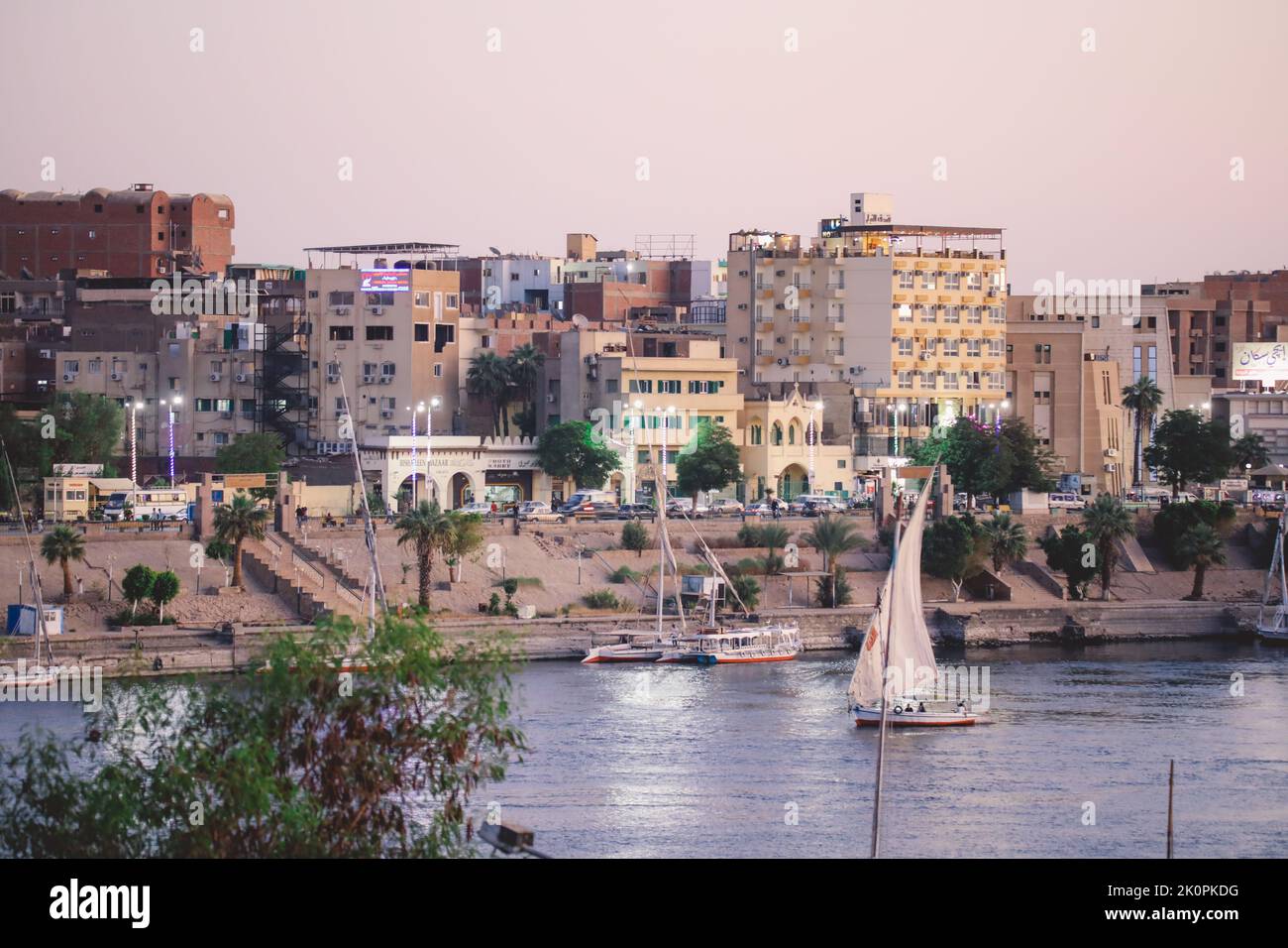 Sunset View to the Panoramic Aswan cityscape with the Palm Trees, Egypt ...