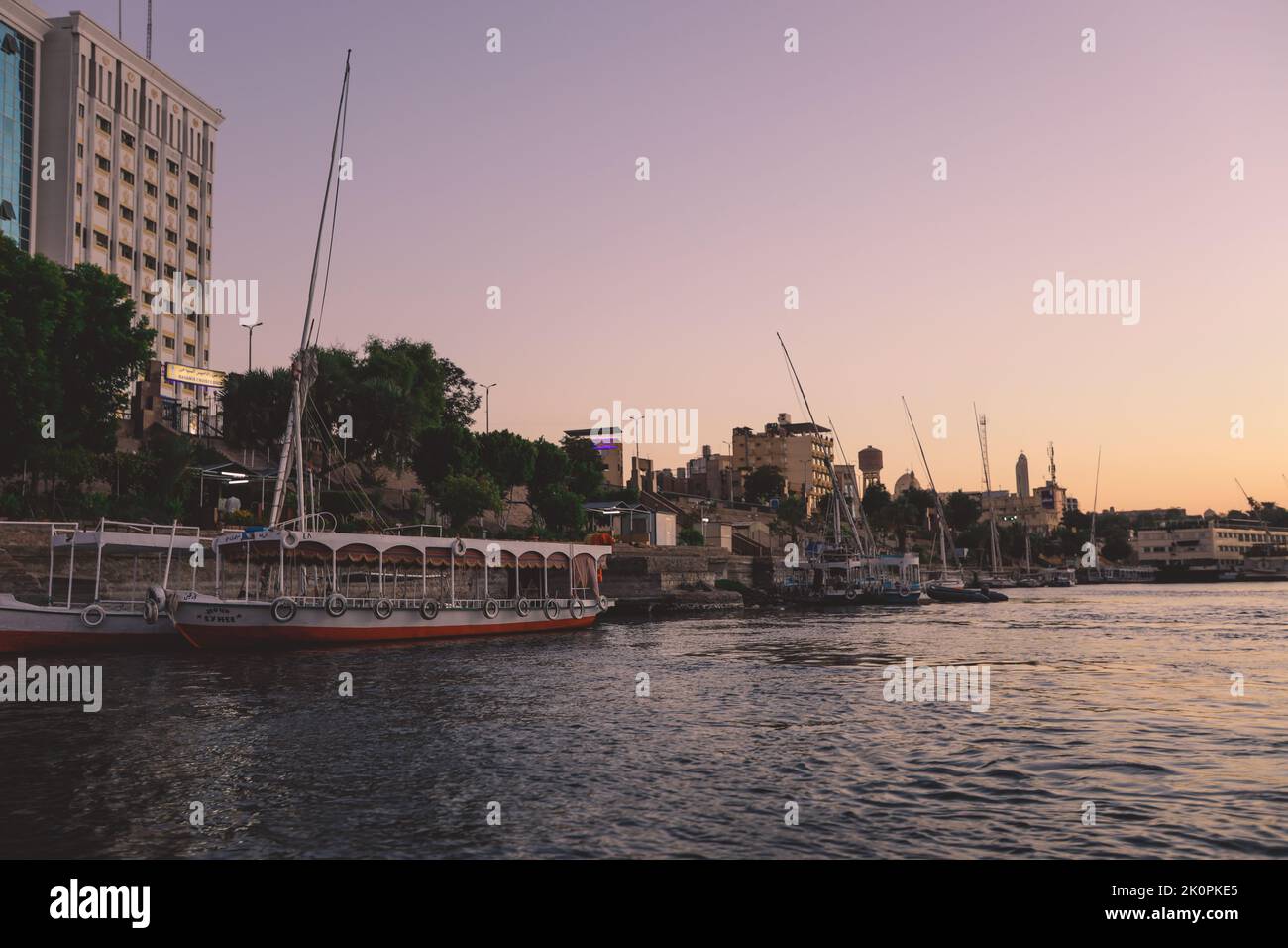 Sunset View to the Panoramic Aswan cityscape with the Palm Trees, Egypt ...
