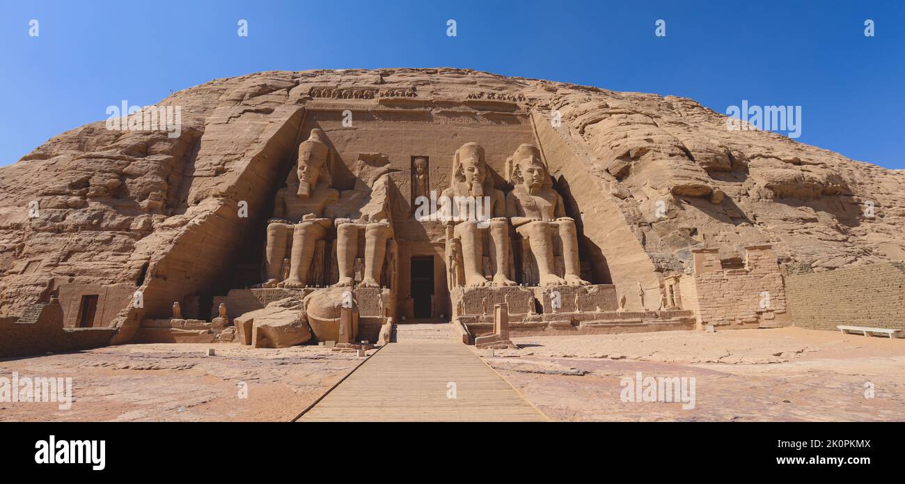 The main view of an Entrance to the Great Temple at Abu Simbel with ...