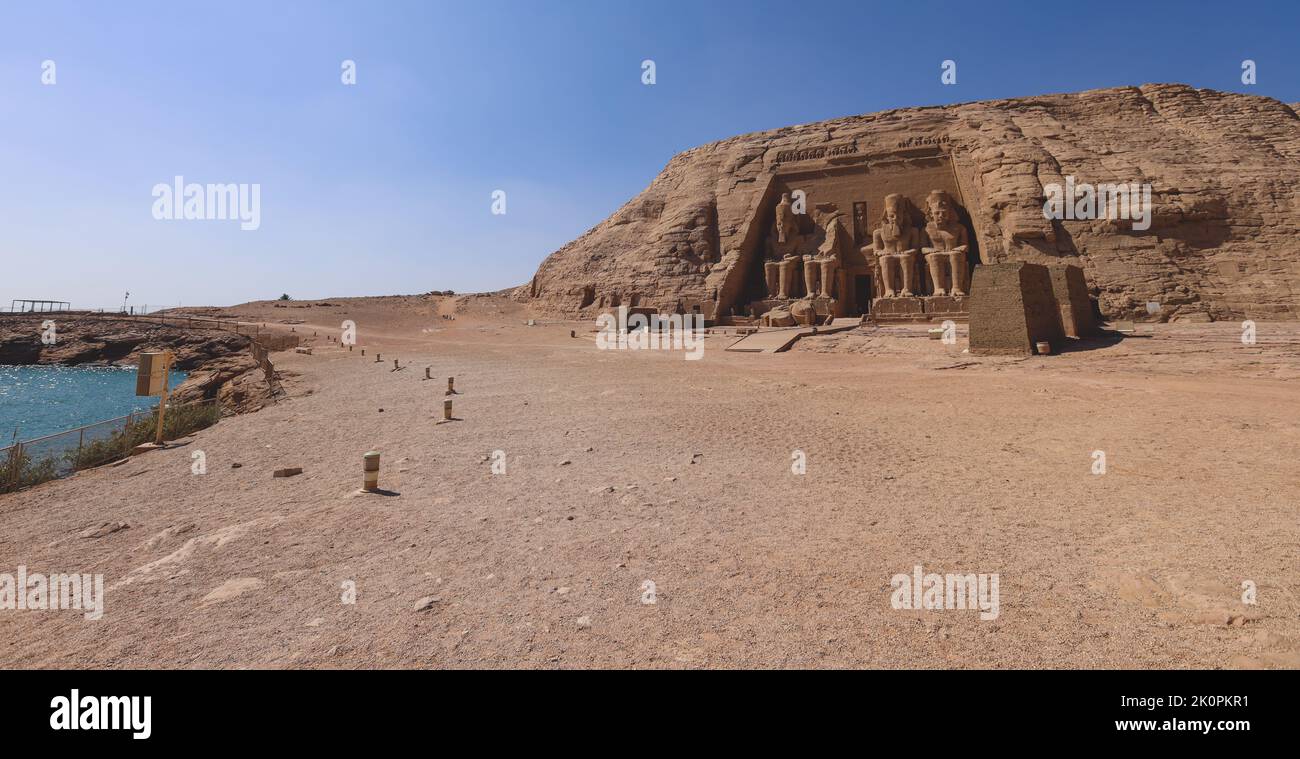 The main view of an Entrance to the Great Temple at Abu Simbel with ...
