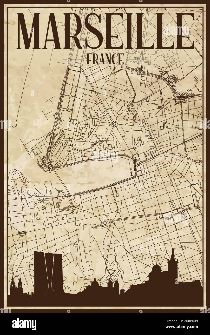 Framed downtown streets network printout map of MARSEILLE, FRANCE Stock ...