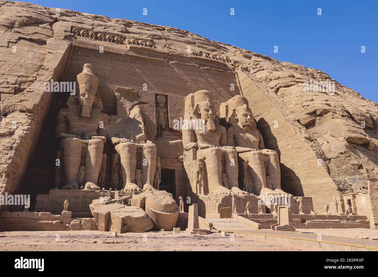 The main view of an Entrance to the Great Temple at Abu Simbel with ...