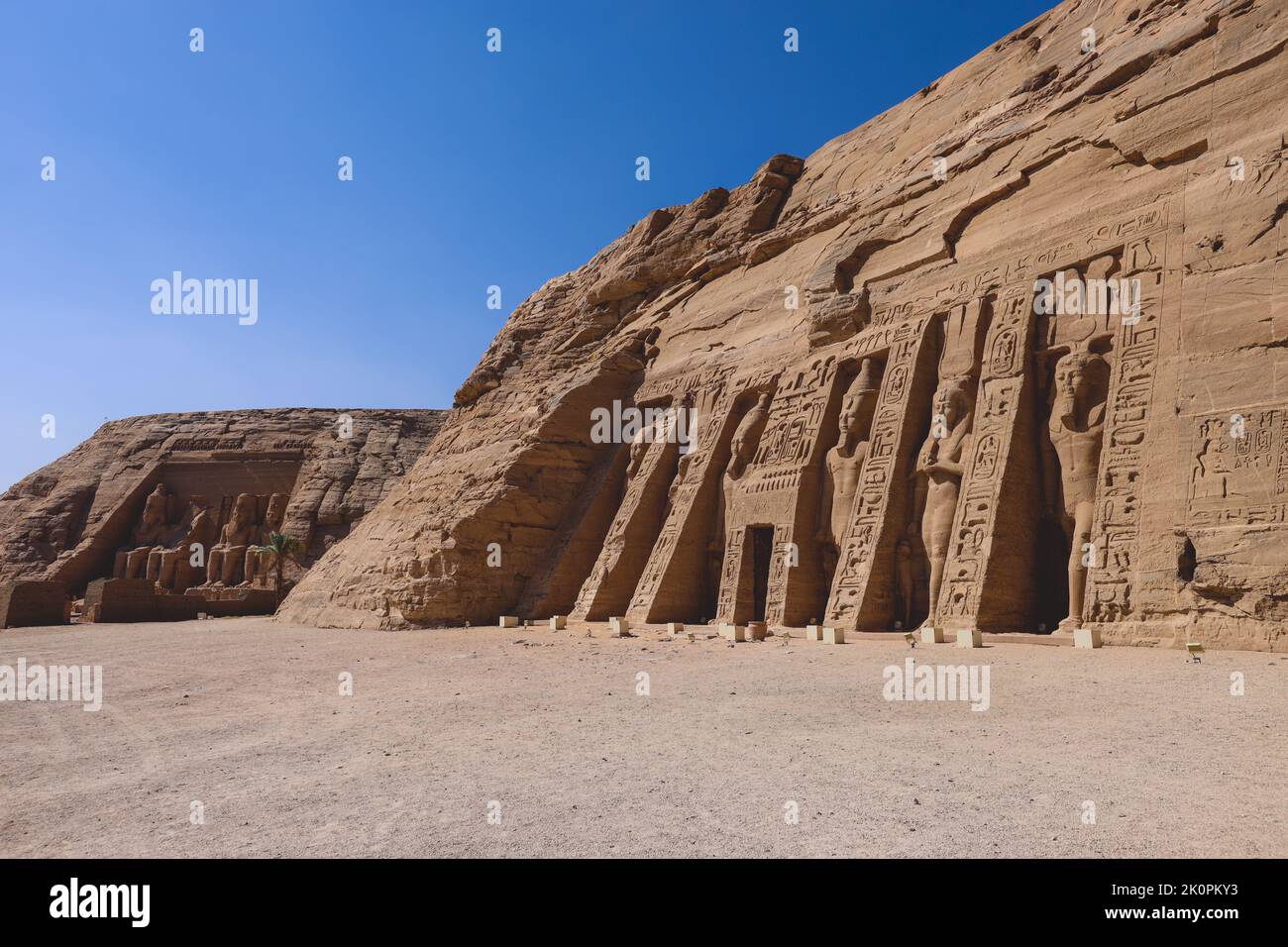 The main view of an Entrance to the Great Temple at Abu Simbel with ...