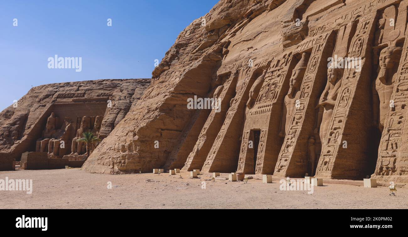 The main view of an Entrance to the Great Temple at Abu Simbel with ...