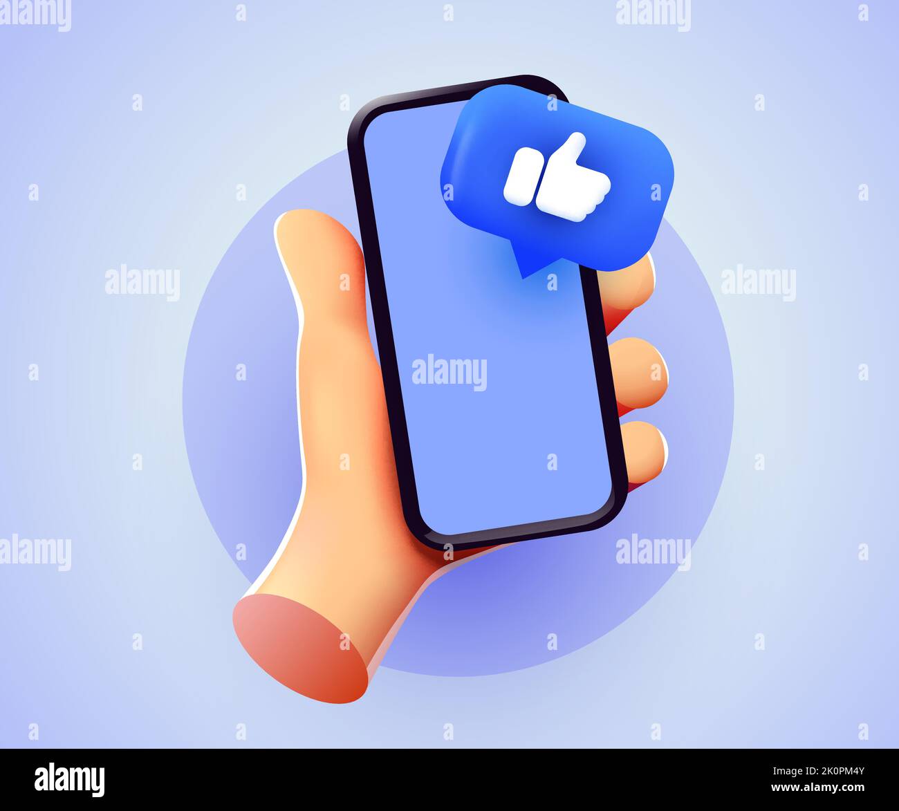 Cute cartoon hand holding mobile smartphone with Likes notification ...