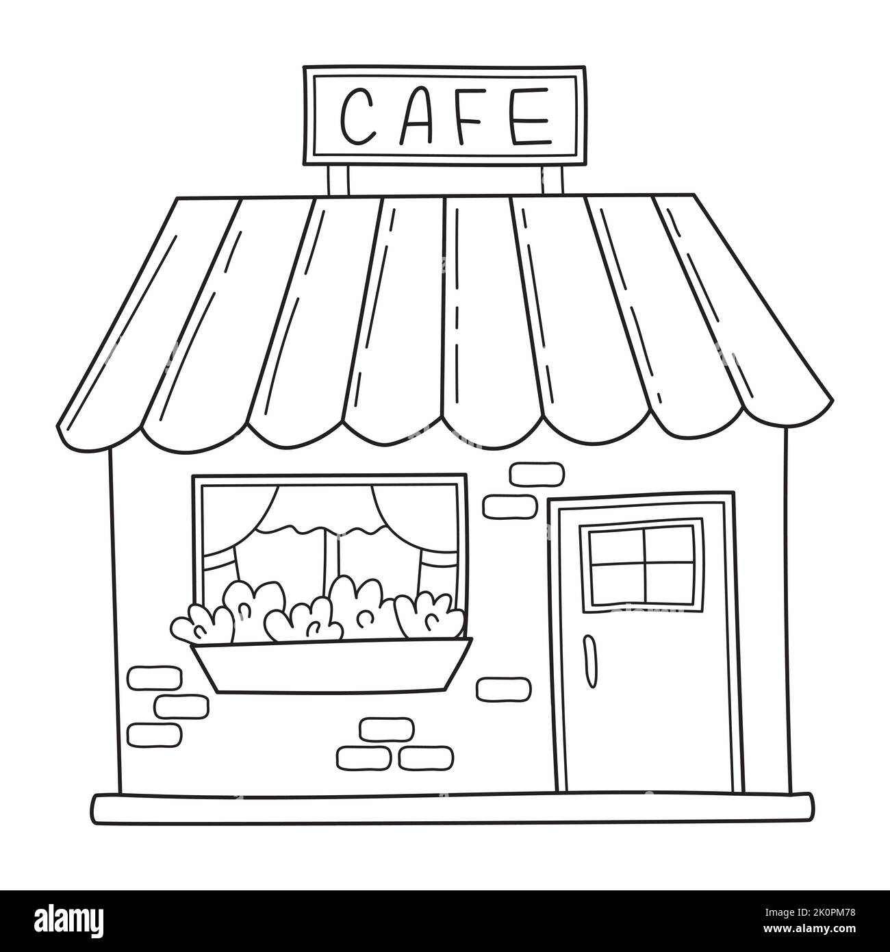 Simple cute cafe with window and flowerbed in sketch doodle style. Hand ...