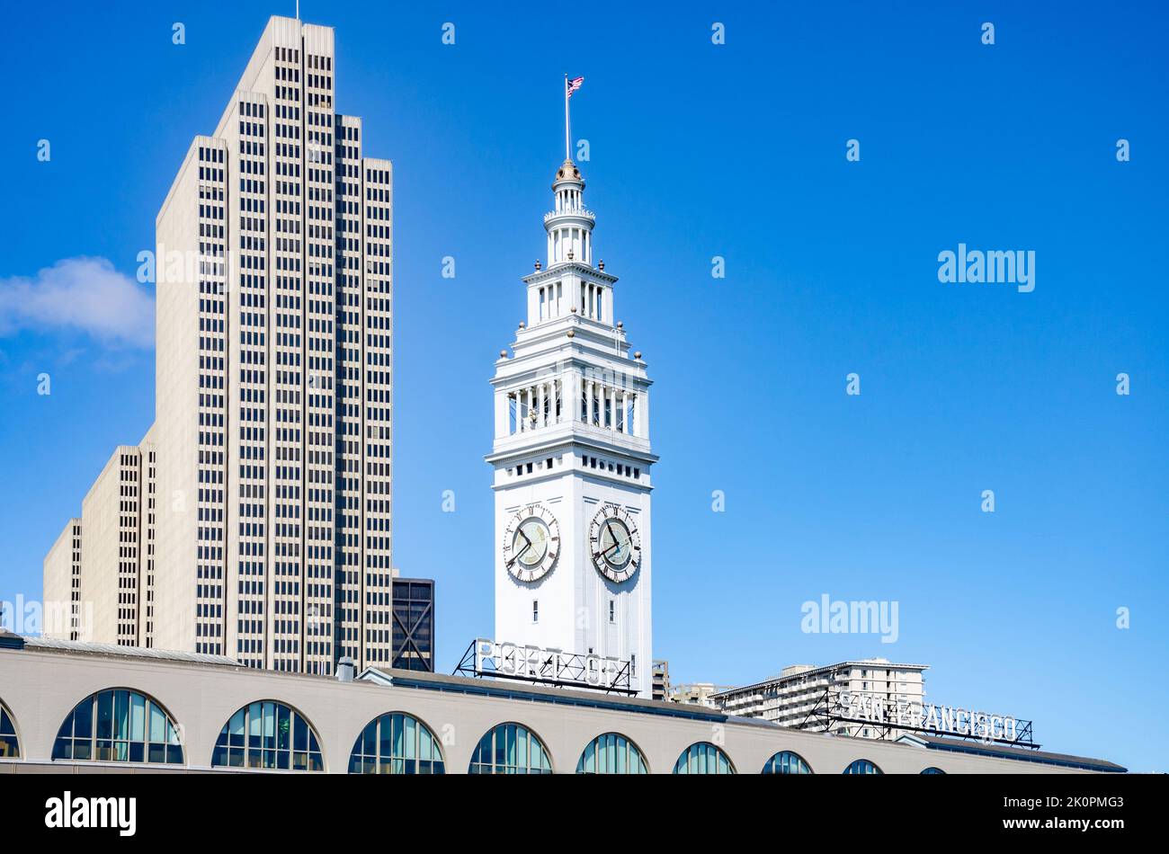 The clock tower at the Ferry Terminal and The Four Embarcadero Center ...