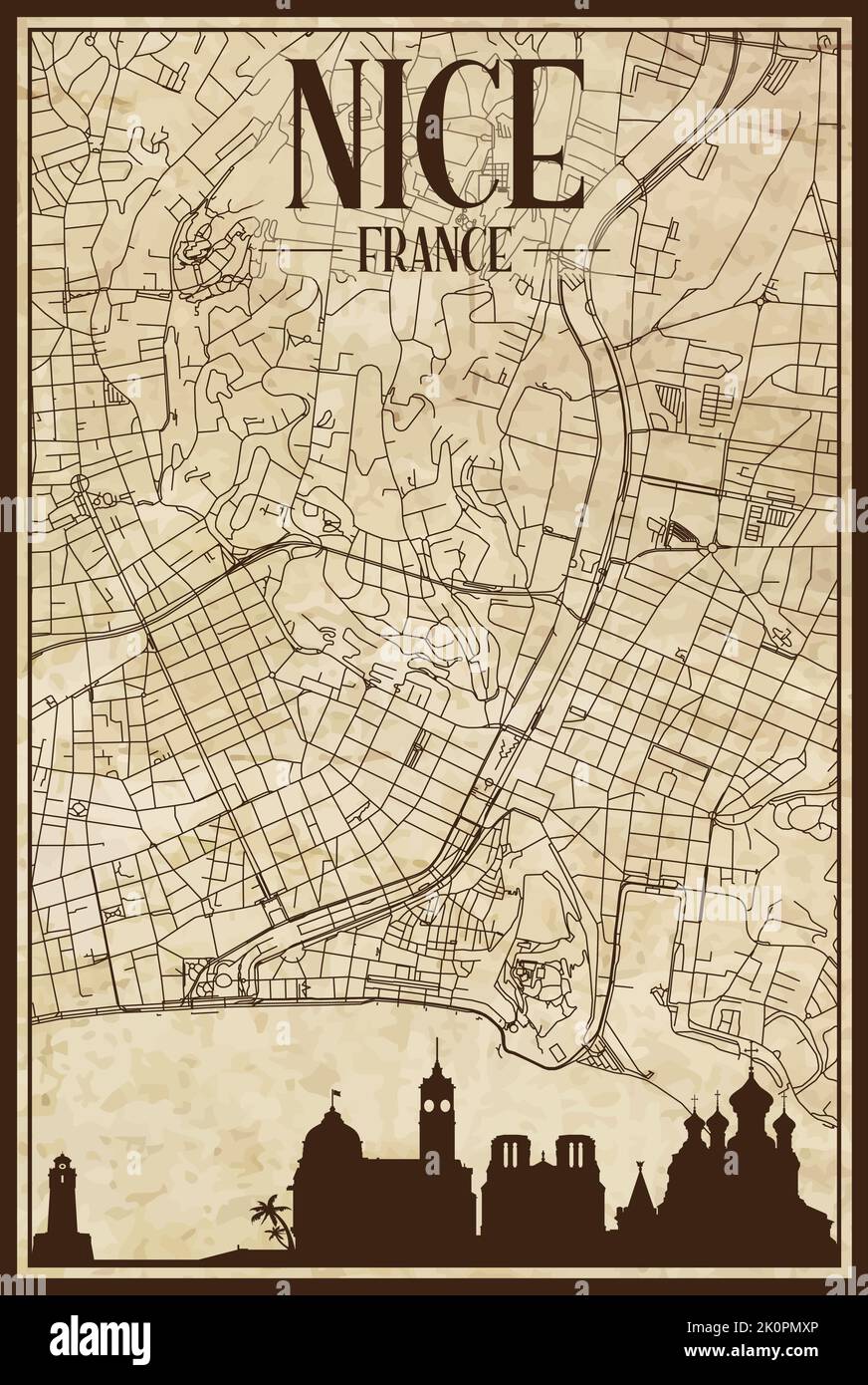 Framed downtown streets network printout map of NICE, FRANCE Stock ...