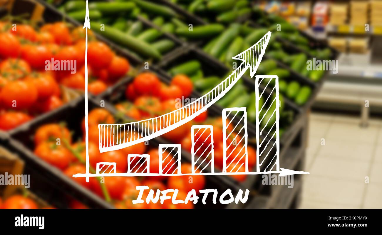 Wooden information label sign with text INFLATION with graph against ...