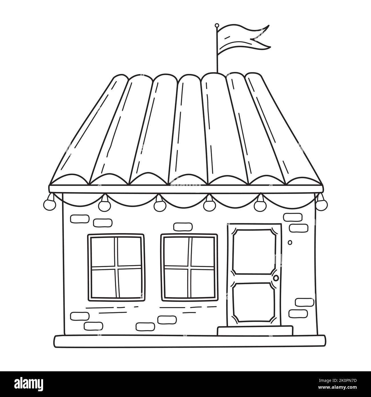 Simple house with brick wall, garland and flag in sketch doodle style ...