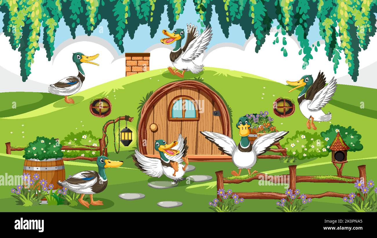 Outdoor scene with cartoon ducks illustration Stock Vector Image & Art ...