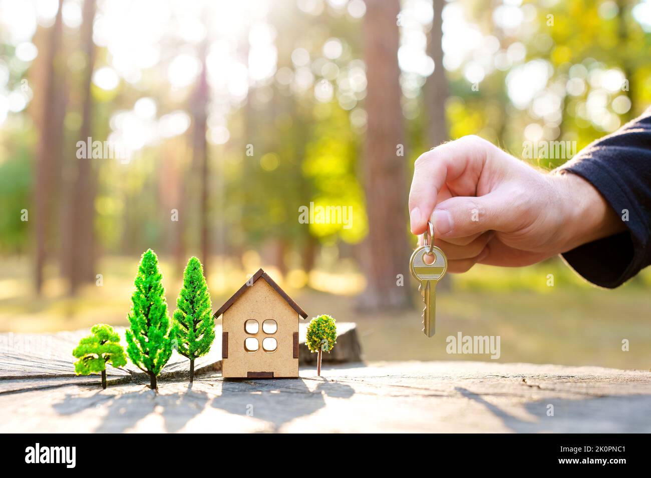 Hand holding a house key by a small wooden home model with toy trees ...