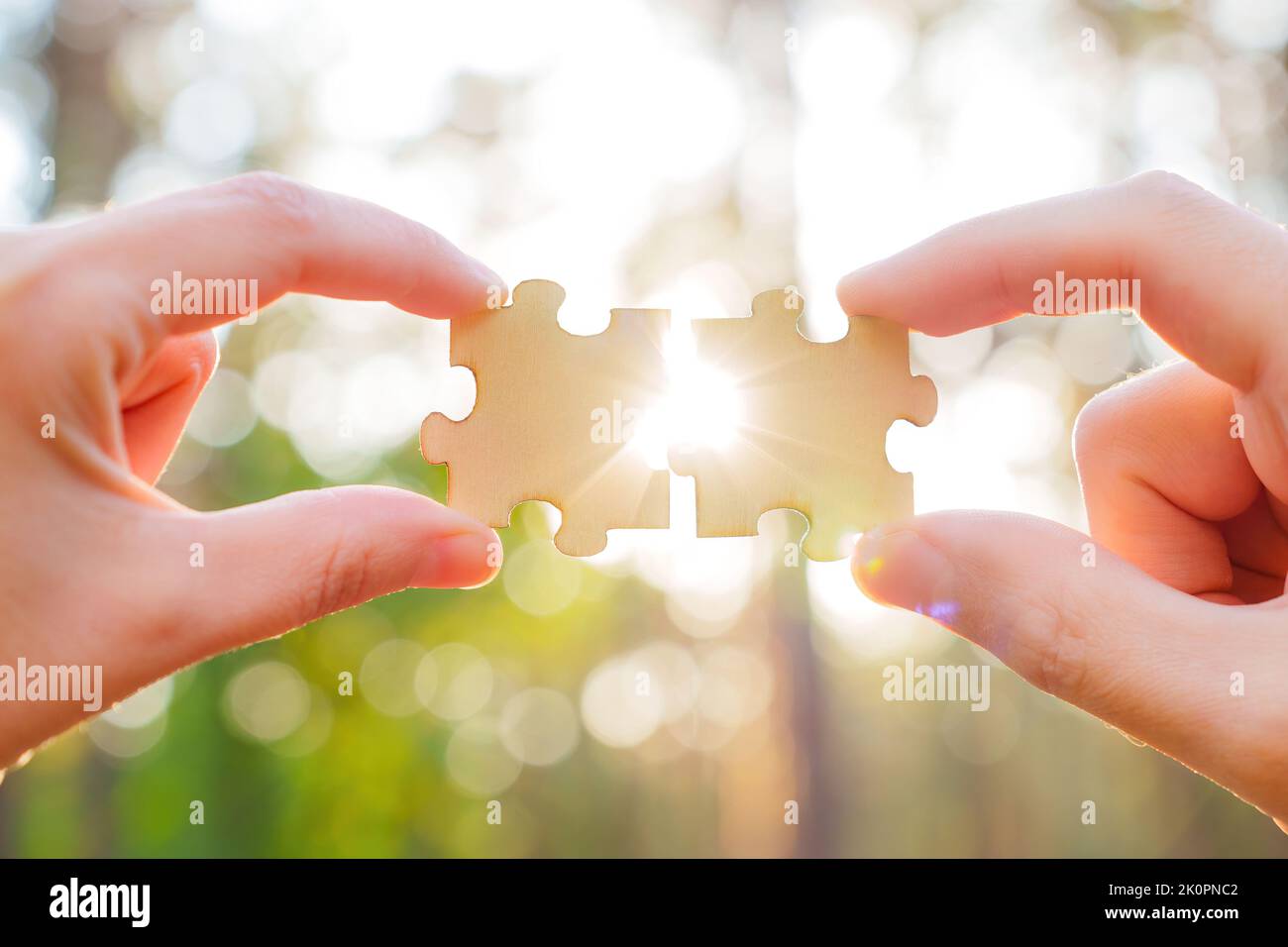 Hands put together wooden jigsaw puzzles against a bokeh forest ...