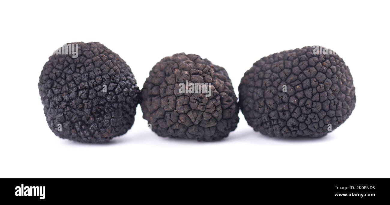 Black truffles isolated on a white background. Fresh sliced truffle ...