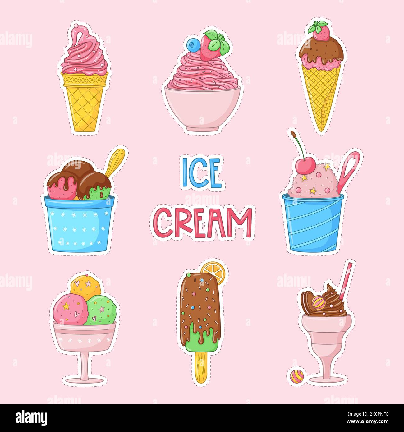 Set of cartoon colored doodle ice cream. Ice cream, popsicle with icing ...