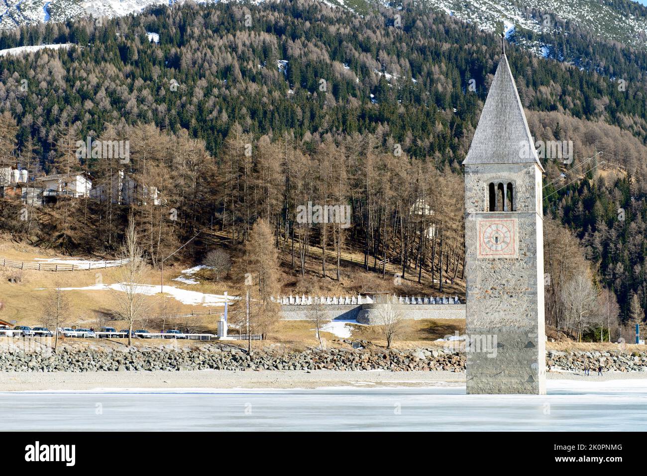 Steeple submerged church Curon Stock Photo - Alamy
