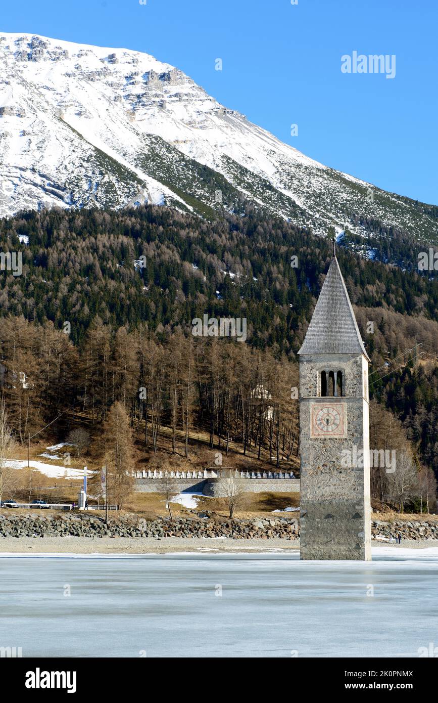 Steeple submerged church Curon Stock Photo - Alamy