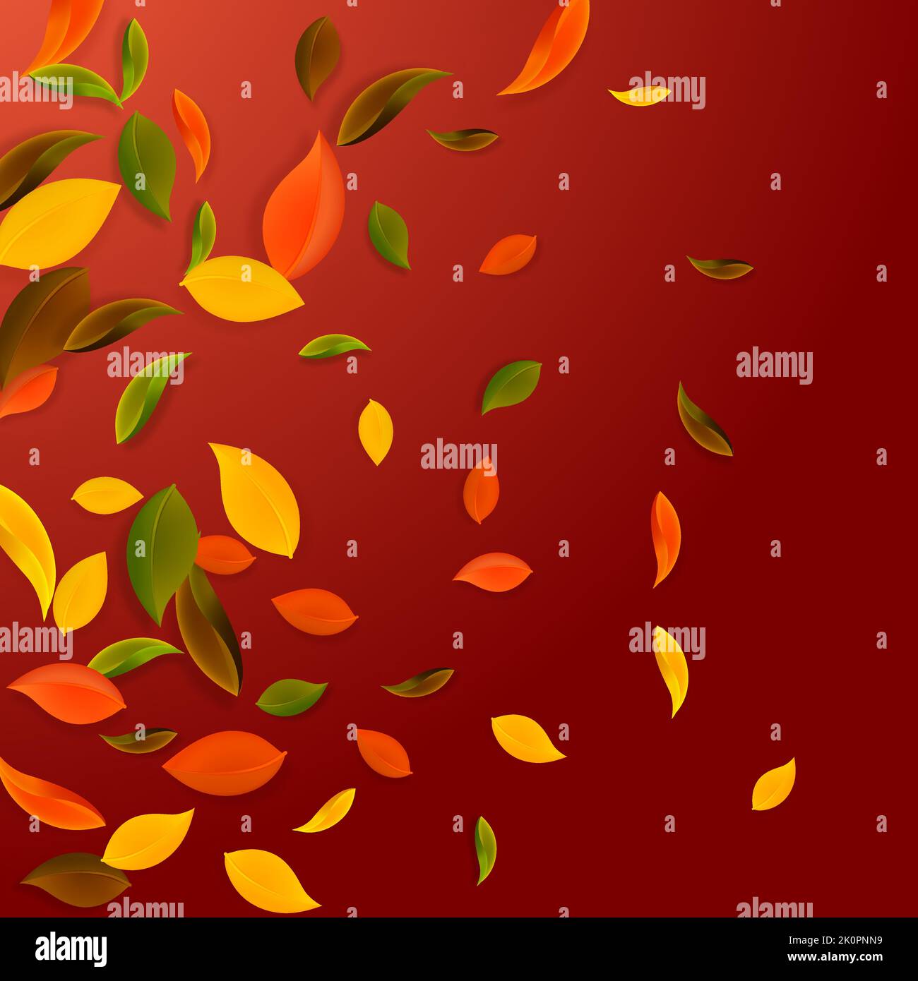 Falling autumn leaves. Red, yellow, green, brown chaotic leaves flying ...