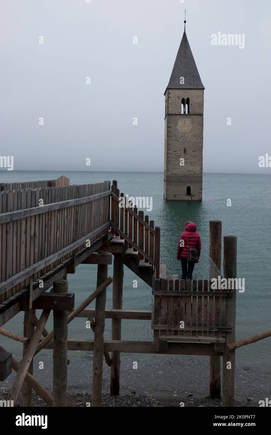 Steeple submerged church Curon Stock Photo - Alamy