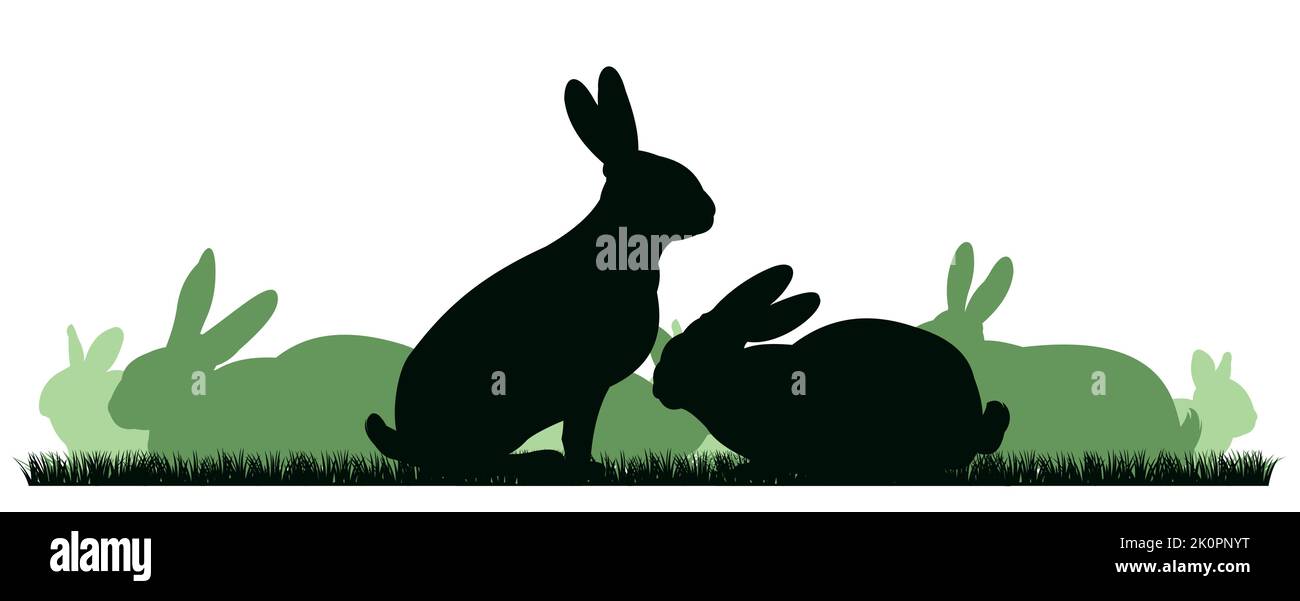 Rabbits are grazing. Picture silhouette. Rural landscape with farmers ...