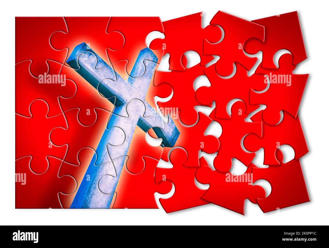 Rebuild or losing our faith - Christian cross concept image in jigsaw ...