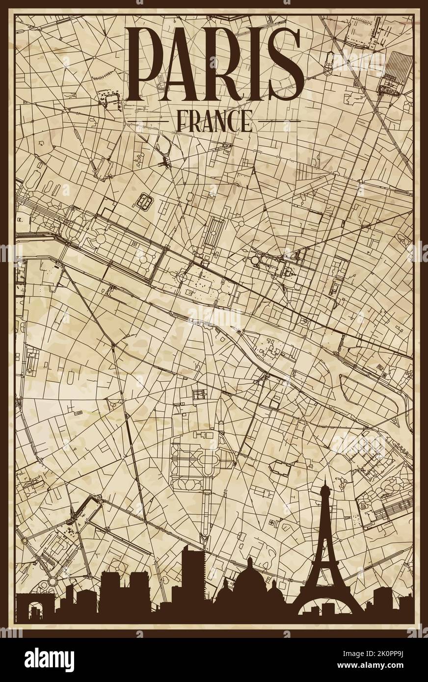 Framed downtown streets network printout map of PARIS, FRANCE Stock ...