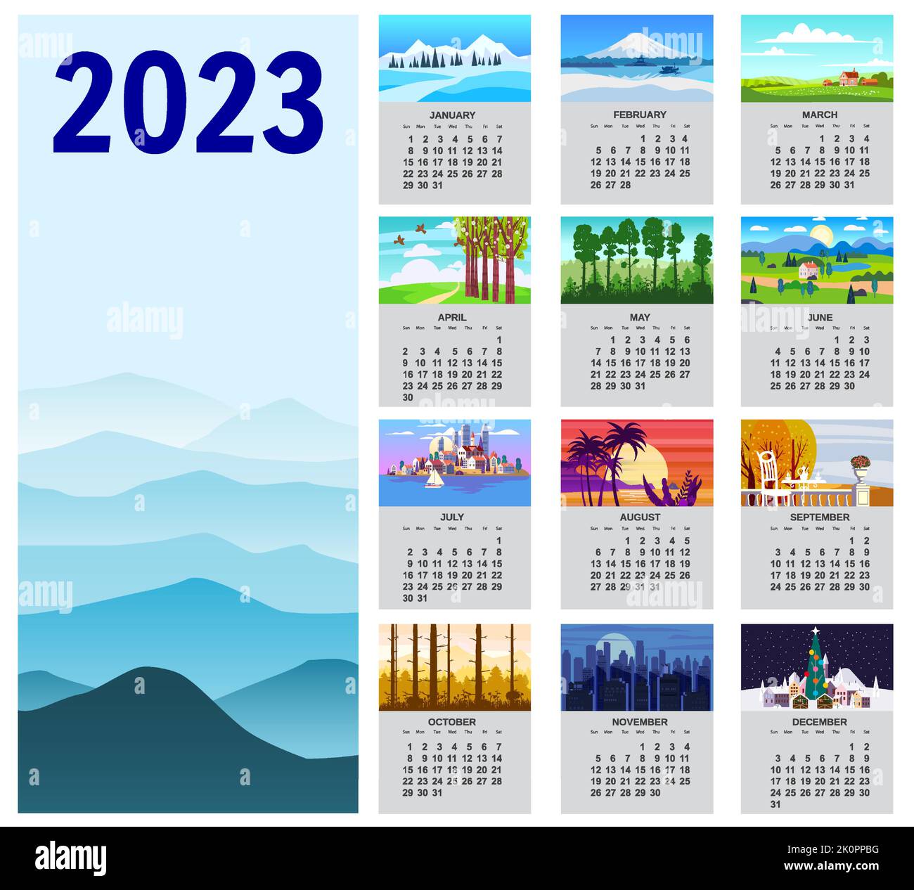 2023 Calendar landscape natural backgrounds of four seasons Stock ...