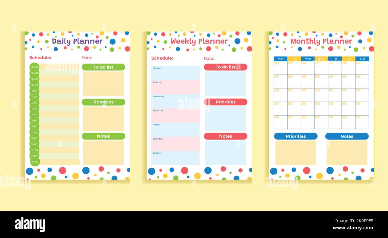 Three pages of daily, weekly, and monthly planner templates in the ...